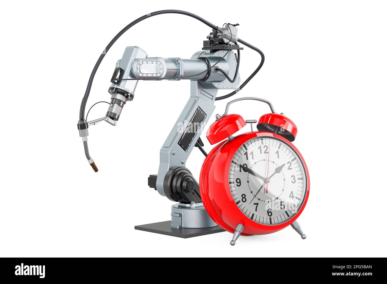 Robot welding with alarm clock, 3D rendering isolated on white background Stock Photo - Alamy