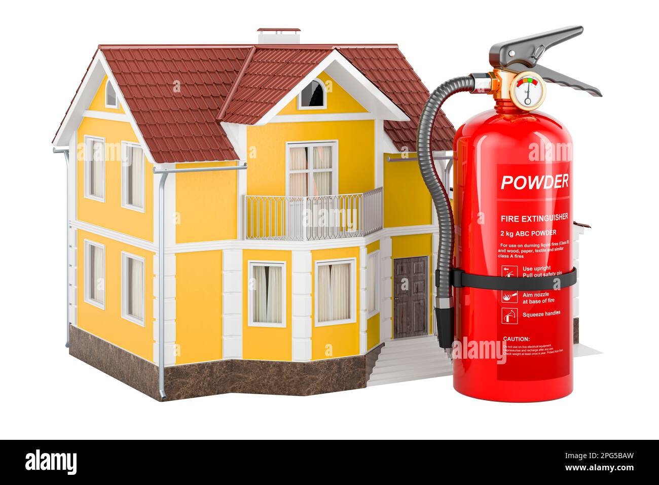 Fire extinguisher with house. 3D rendering isolated on white background ...