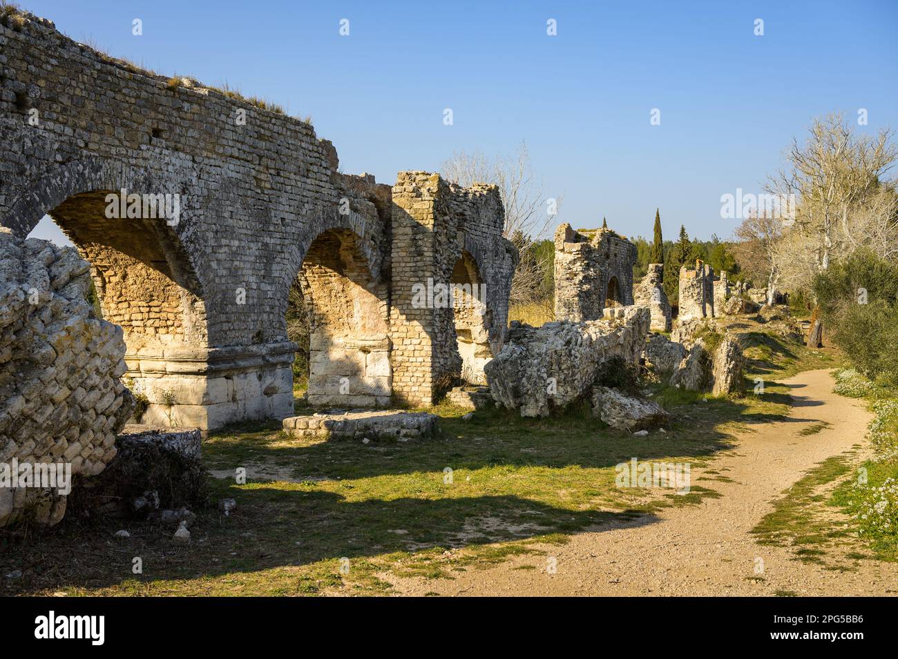 Barbegal aqueduct and mills near Arles on a sunny day in spring. This ...
