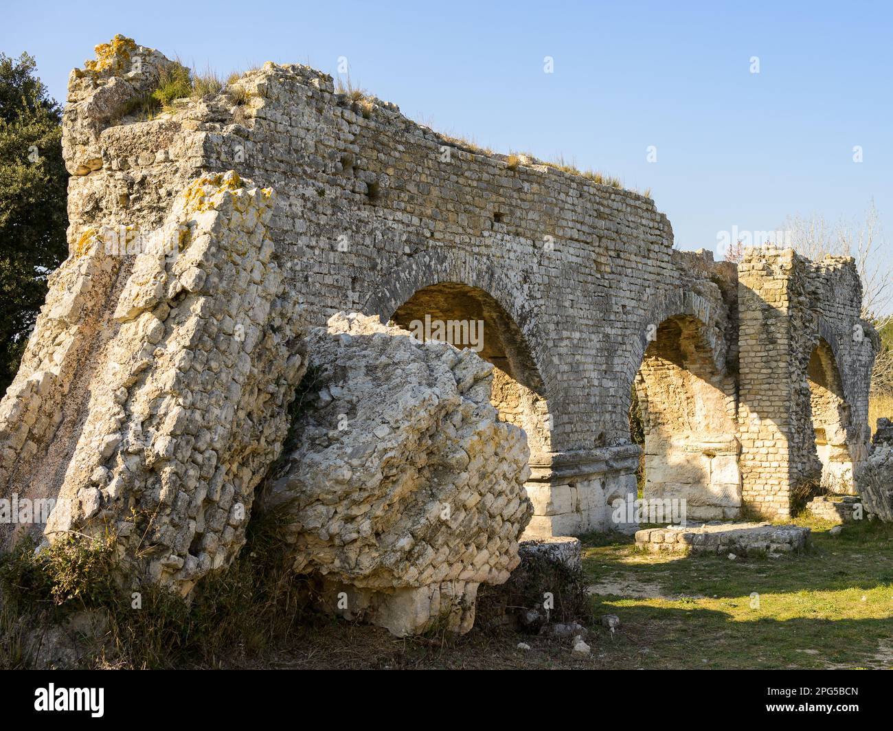 Barbegal aqueduct and mills near Arles on a sunny day in spring. This ...