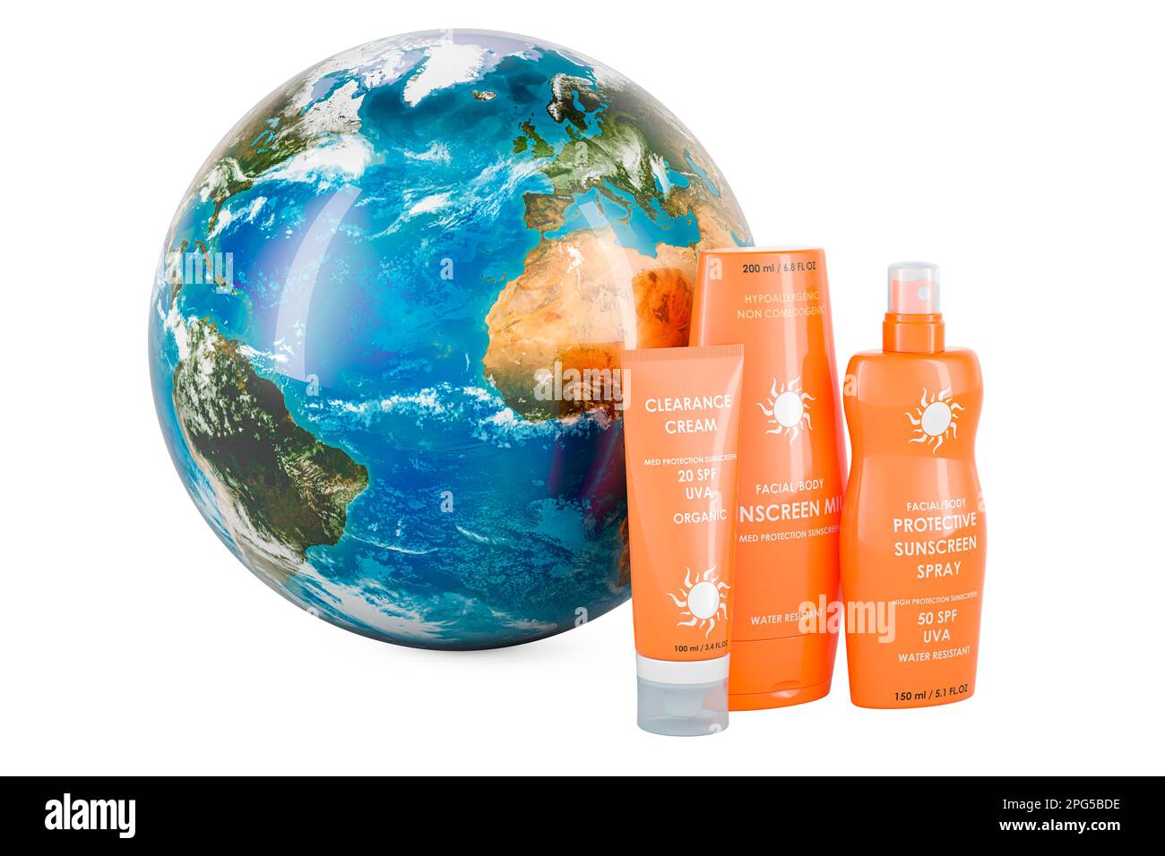 Sunscreen products with Earth Gobe, 3D rendering isolated on white ...