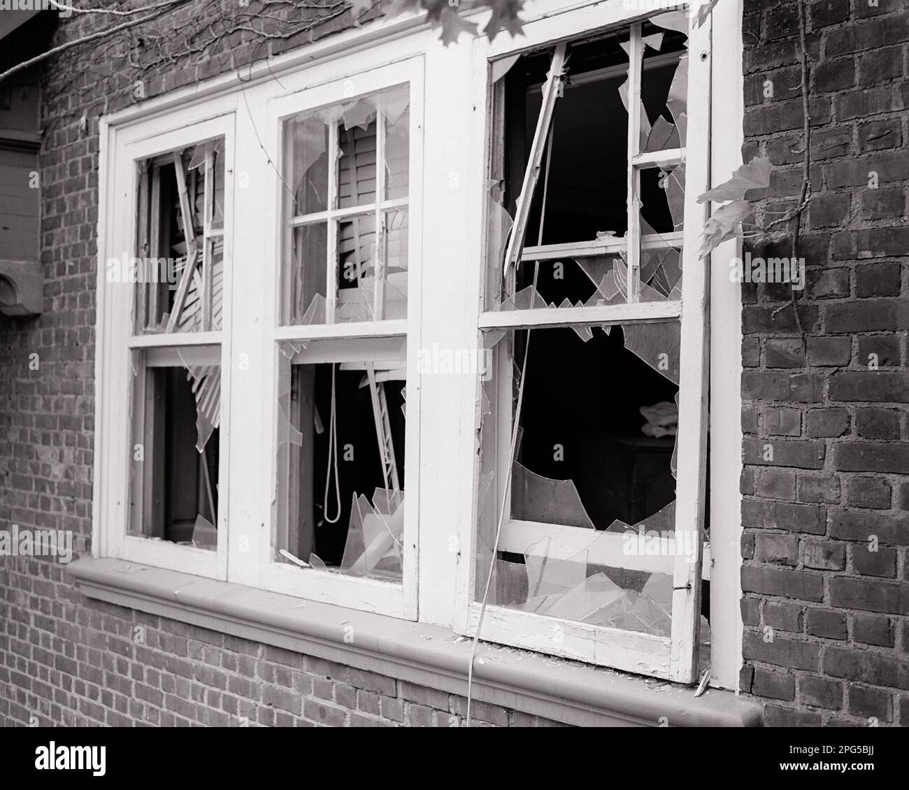 1970s THREE BROKEN WINDOWS IN BRICK BUILDING SHATTERED GLASS VANDALISM ...