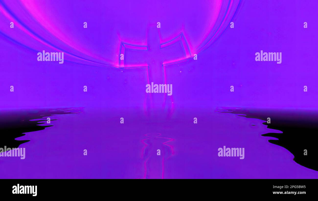 3D neon glow cross over blue reflecting in water Stock Photo - Alamy