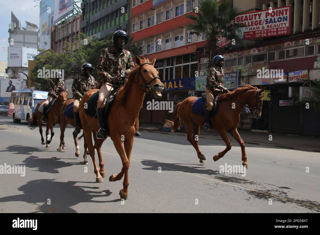 Nairobi, Kenya. 20th Mar, 2023. Anti-riot police on horse back patrol ...