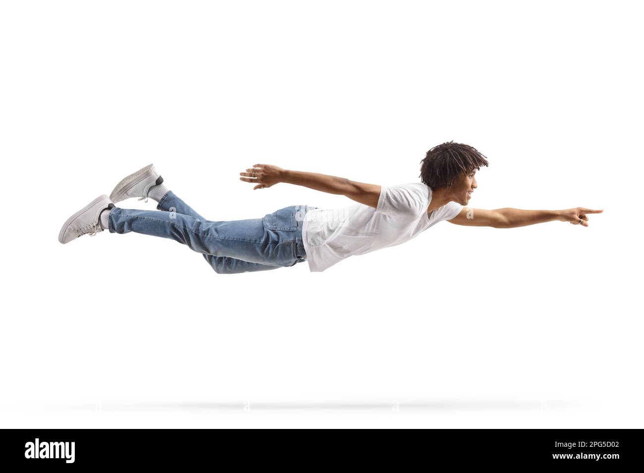 African american man flying and pointing isolated on white background ...