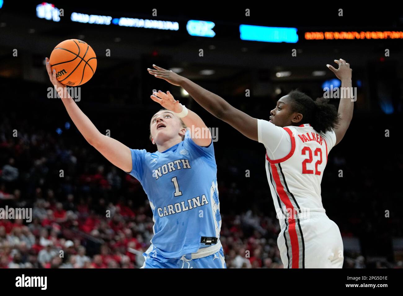 North Carolina guard Alyssa Ustby (1) shoots on Ohio State forward ...