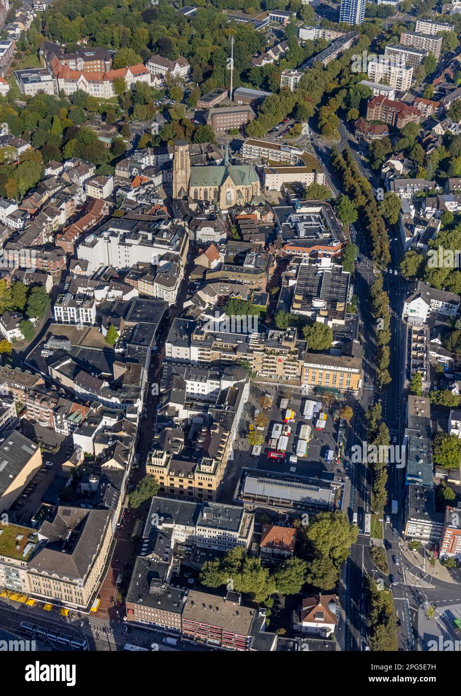 Aerial view, high street pedestrian area and weekly market at ...