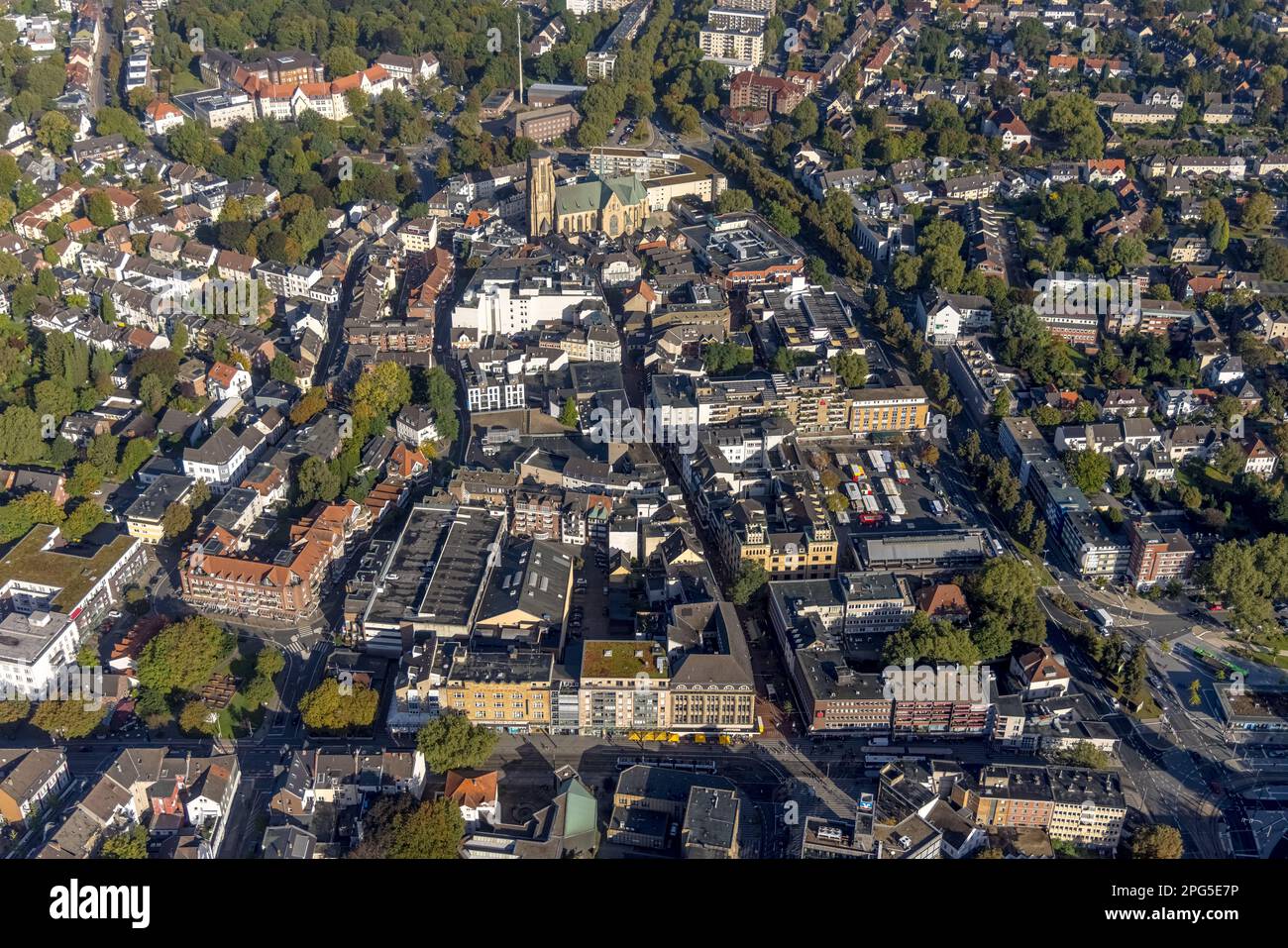 Aerial view, high street pedestrian area and weekly market at ...