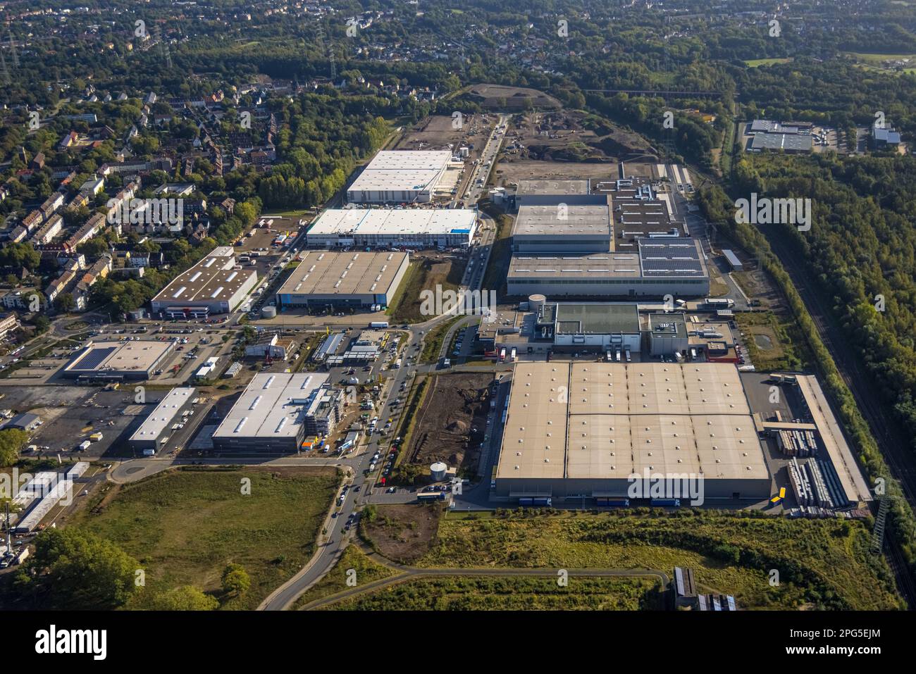 Aerial view, construction site industrial area Europastraße with bilstein group logistics center ...