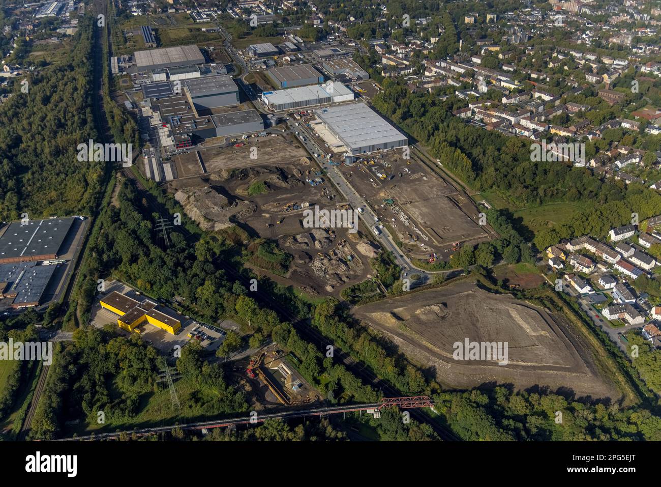 Aerial view, construction site industrial area Europastraße with bilstein group logistics center ...