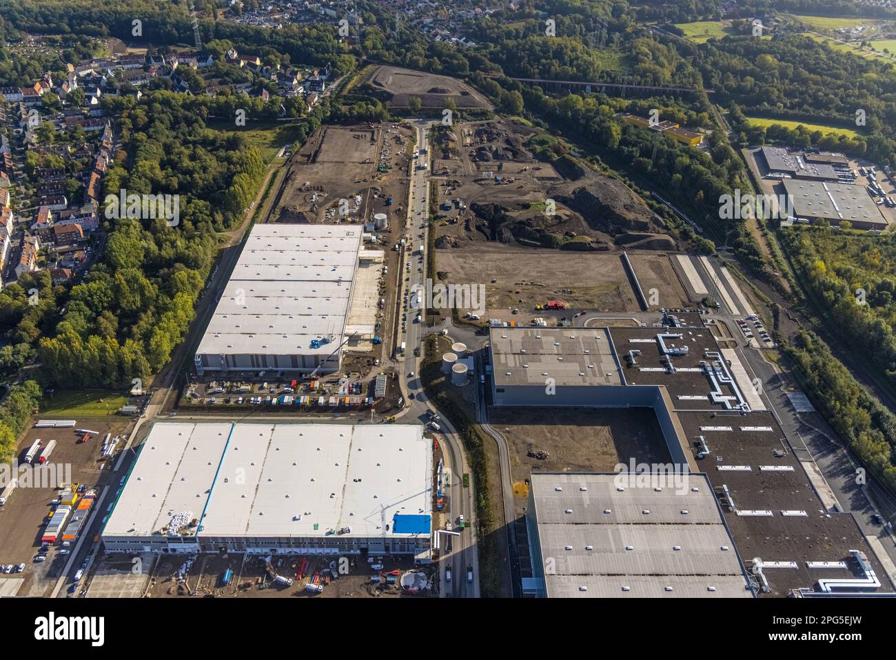 Aerial view, construction site industrial area Europastraße with bilstein group logistics center ...