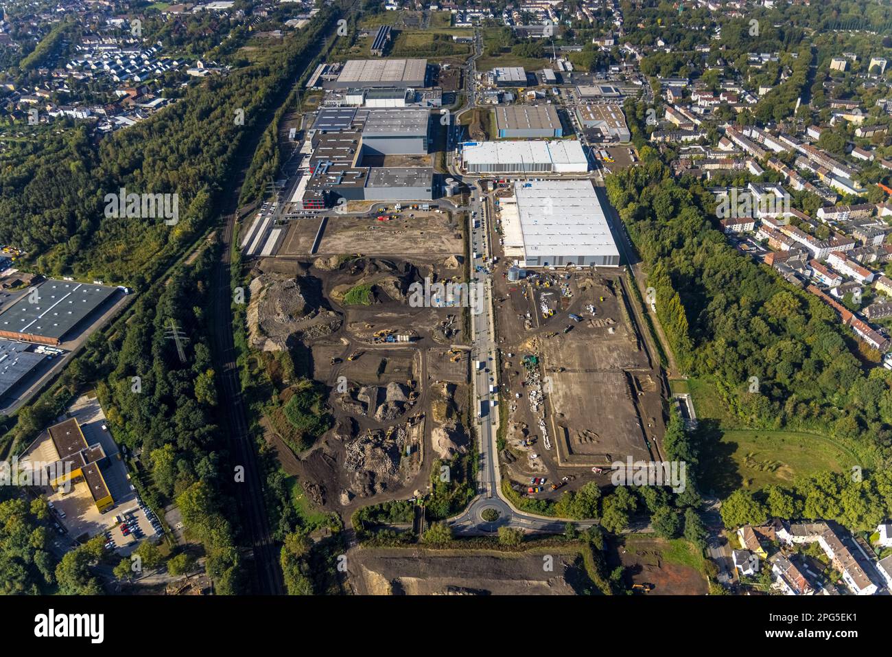 Aerial view, construction site industrial area Europastraße with bilstein group logistics center ...