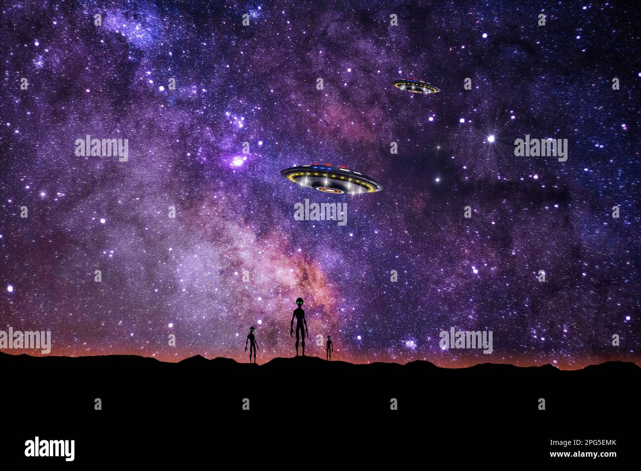 Three aliens with UFOs in the sky at night Stock Photo - Alamy