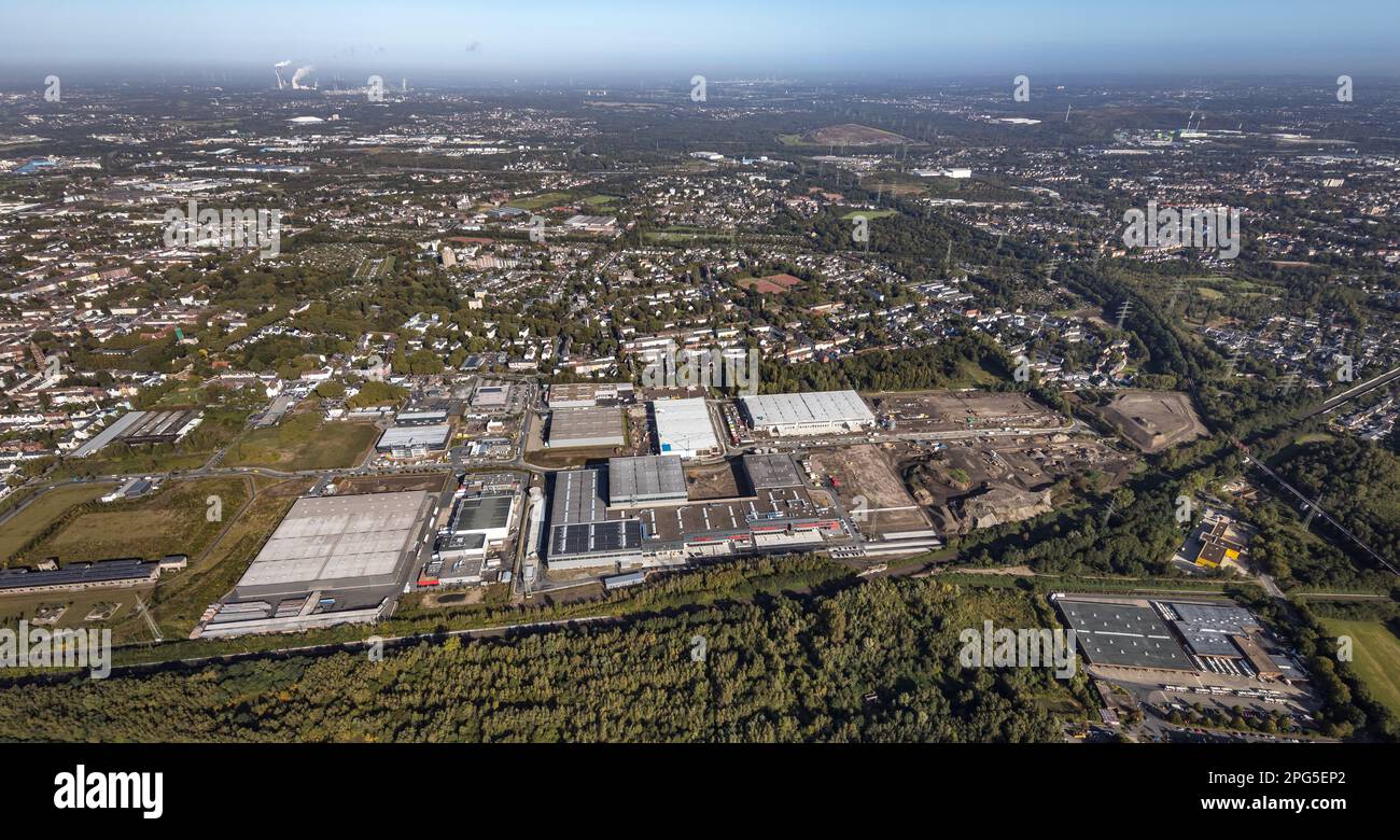Aerial view, construction site industrial area Europastraße with bilstein group logistics center ...