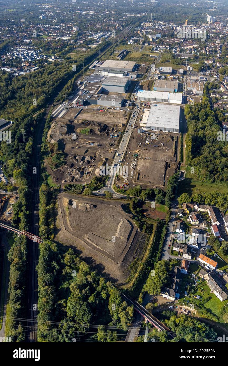 Aerial view, construction site industrial area Europastraße with bilstein group logistics center ...
