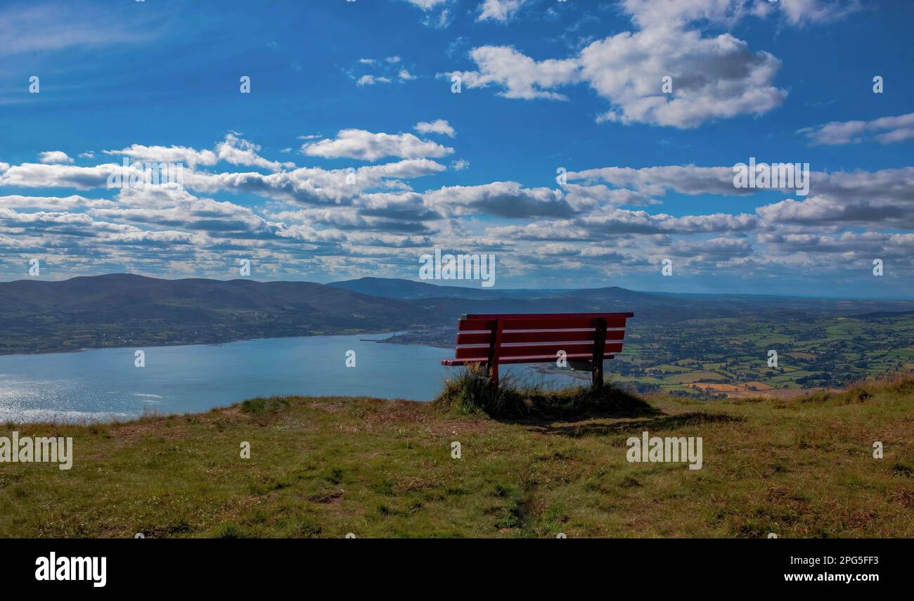 Bench at the top of Slieve Martin in Northern Ireland, looking across ...