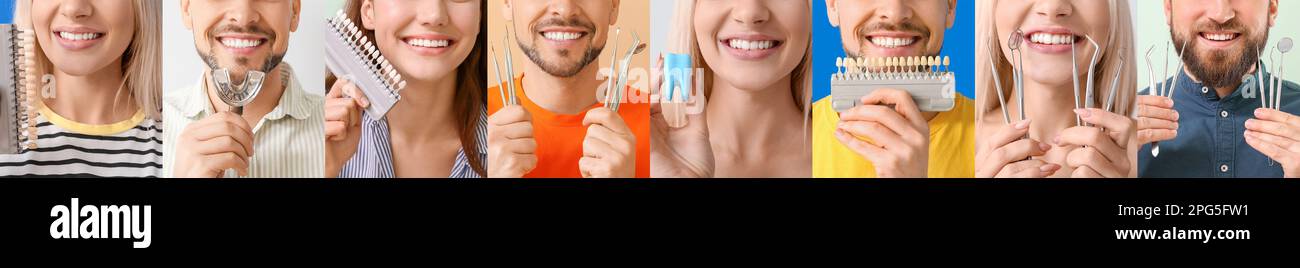 Collage of young people with healthy teeth, dental tools and teeth ...
