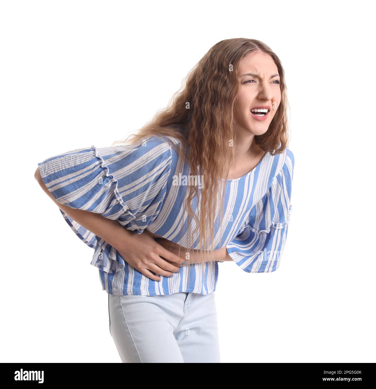 Young woman with appendicitis on white background Stock Photo - Alamy