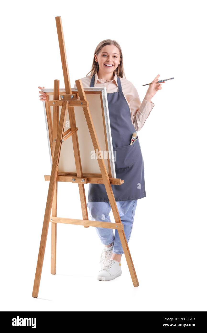 Drawing teacher with paint brush and easel on white background Stock ...