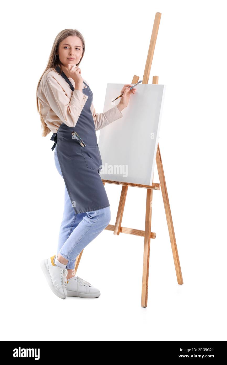 Drawing teacher with paint brush and easel on white background Stock ...