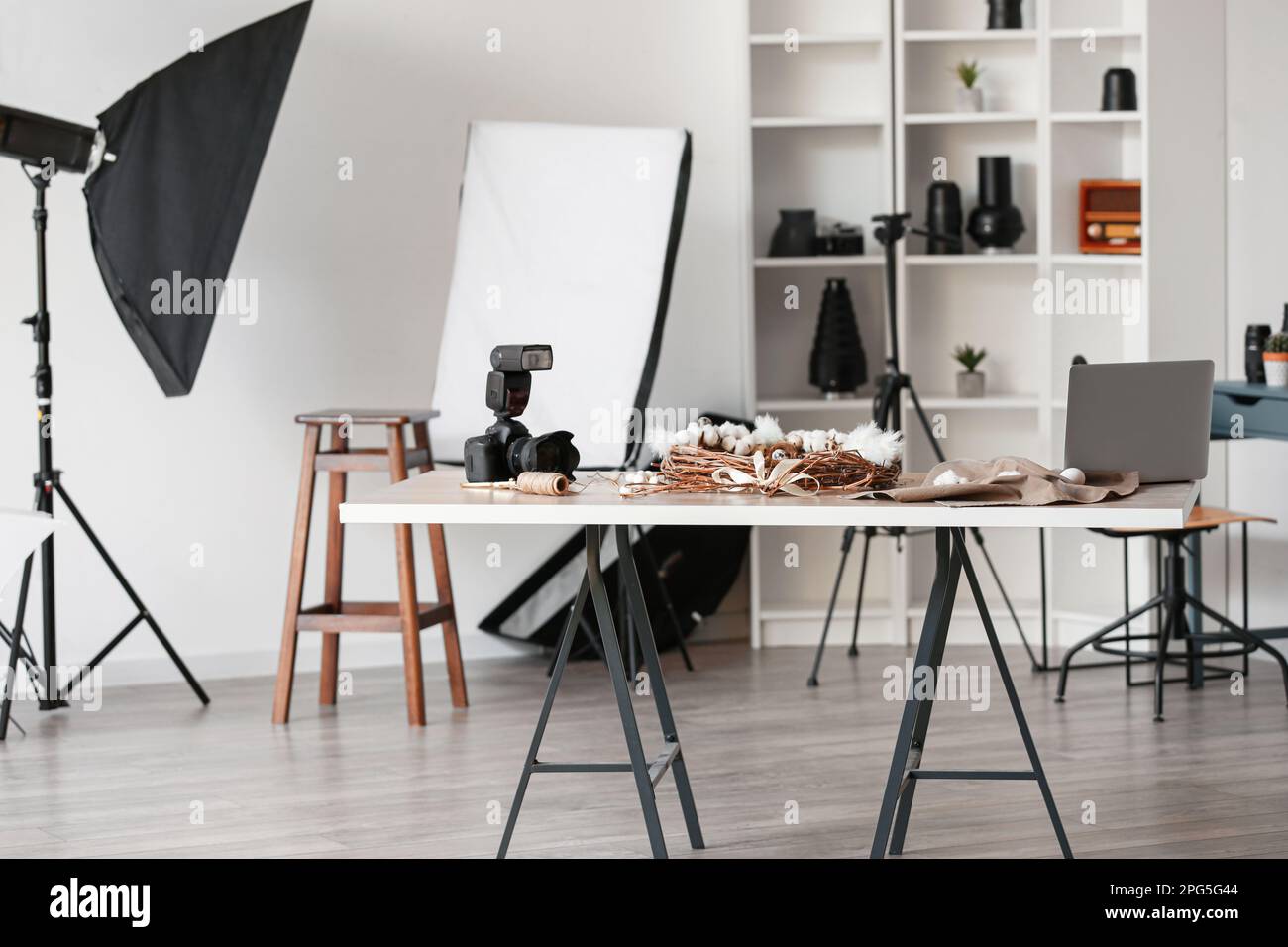 Interior of photo studio with table and professional equipment Stock ...