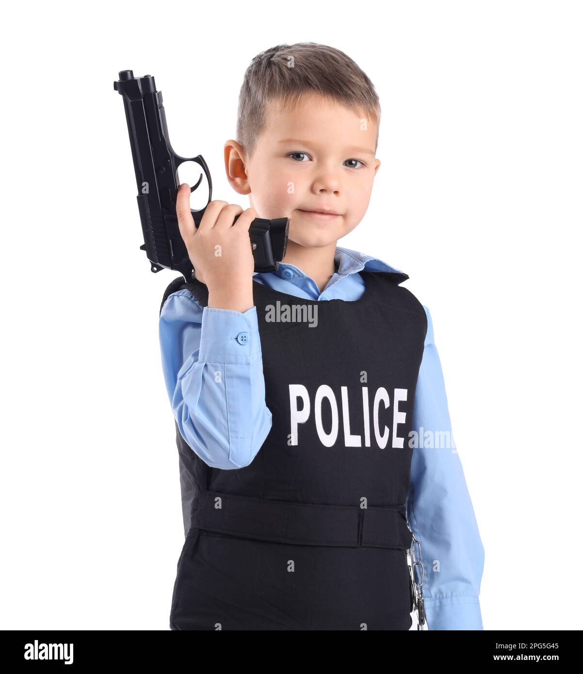 Funny little police officer with gun on white background Stock Photo ...