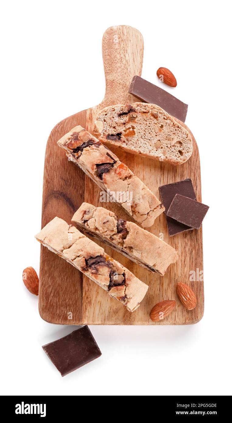 Board with delicious biscotti cookies almond nuts and chocolate ...