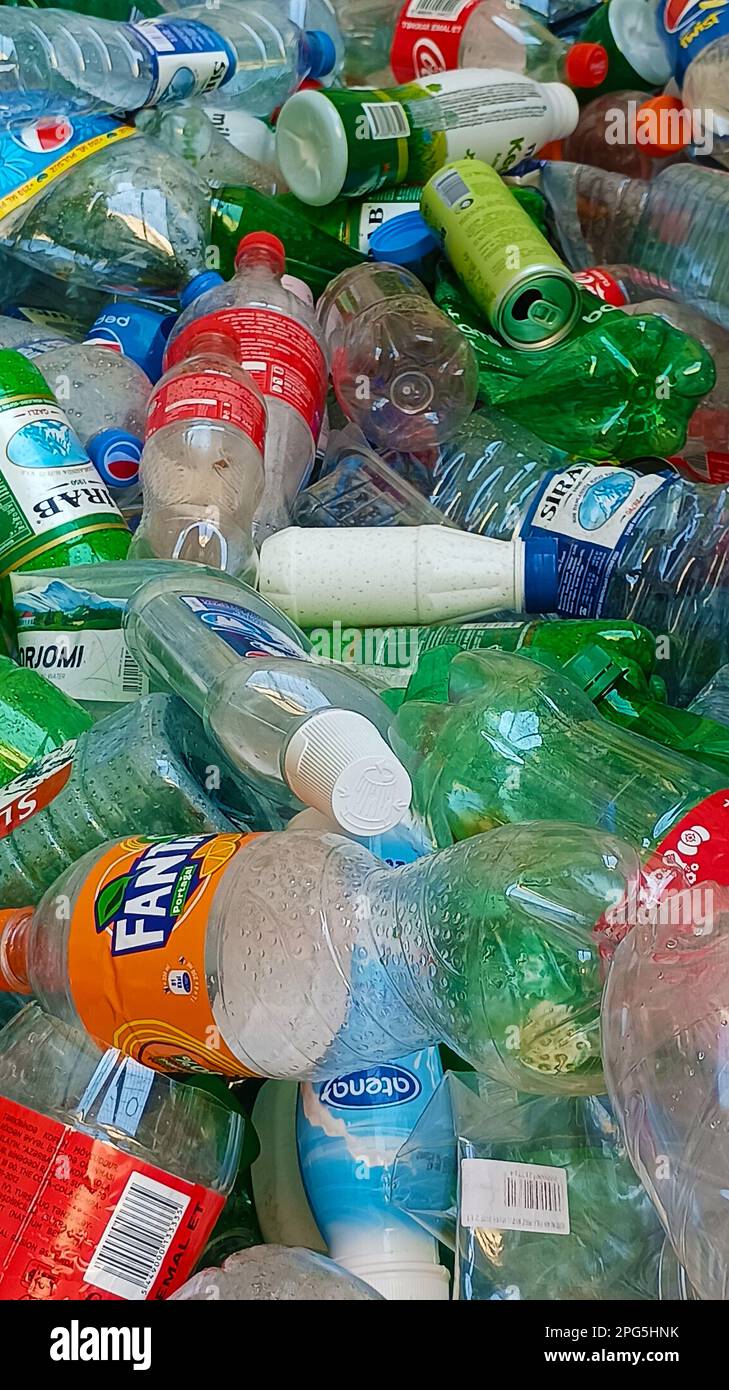 Plastic bottles in a recycle bin for transportation to the factory ...