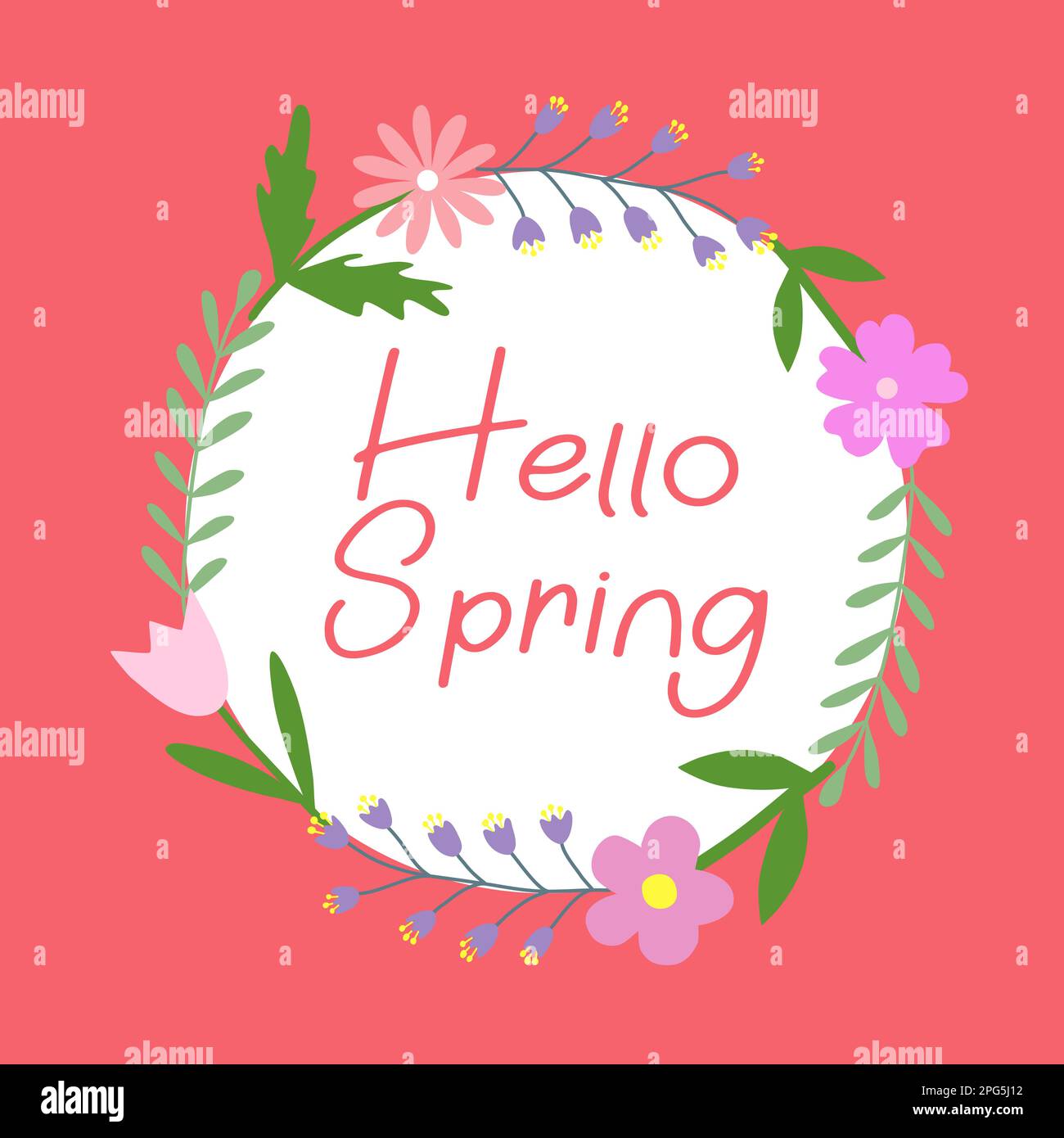 Hello spring vector greetings design with flower elements on pink ...
