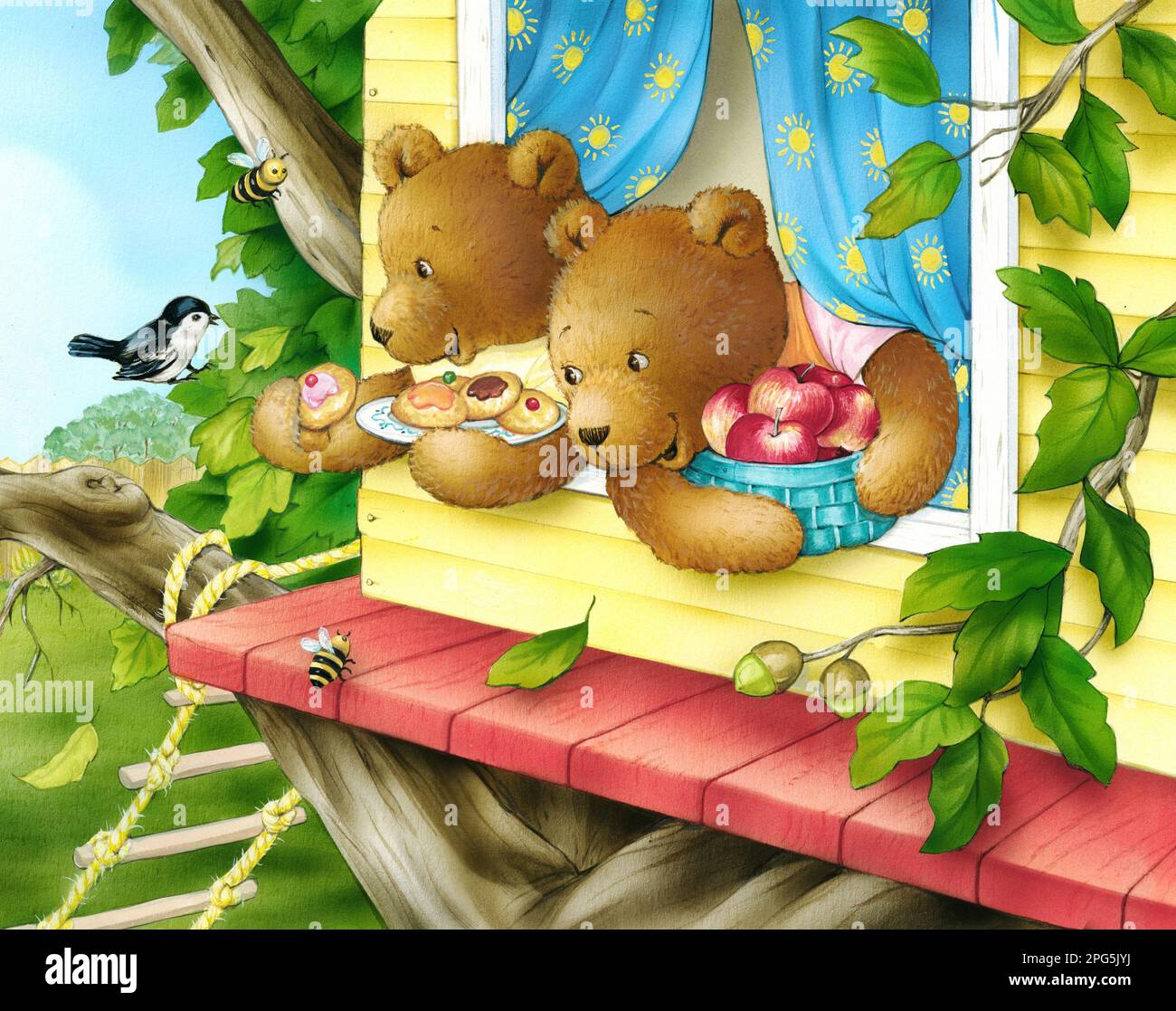 Juvenile-bears in tree house sharing treats Stock Photo - Alamy