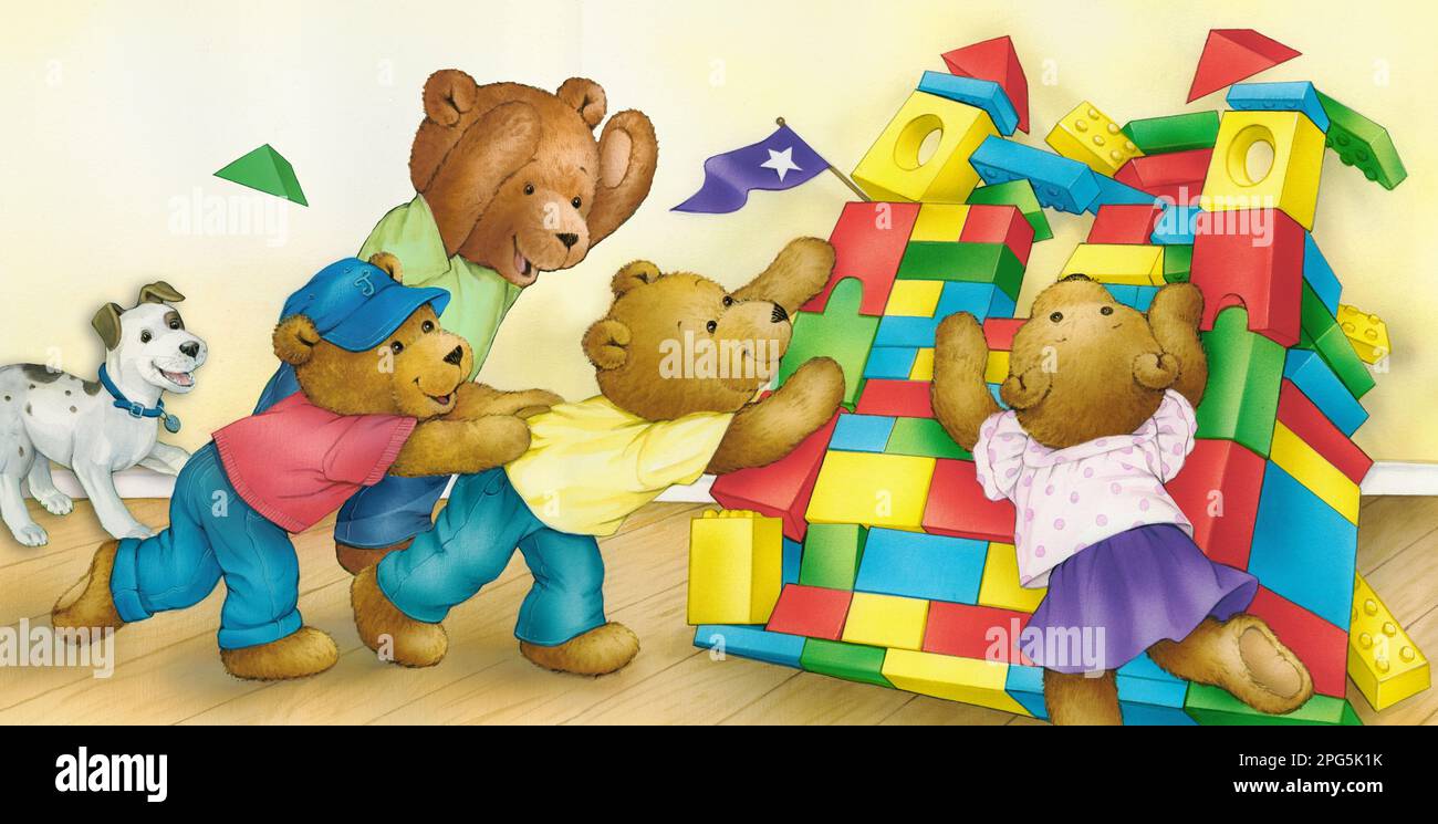 Juvenile-teddies pushing over large building blocks Stock Photo - Alamy
