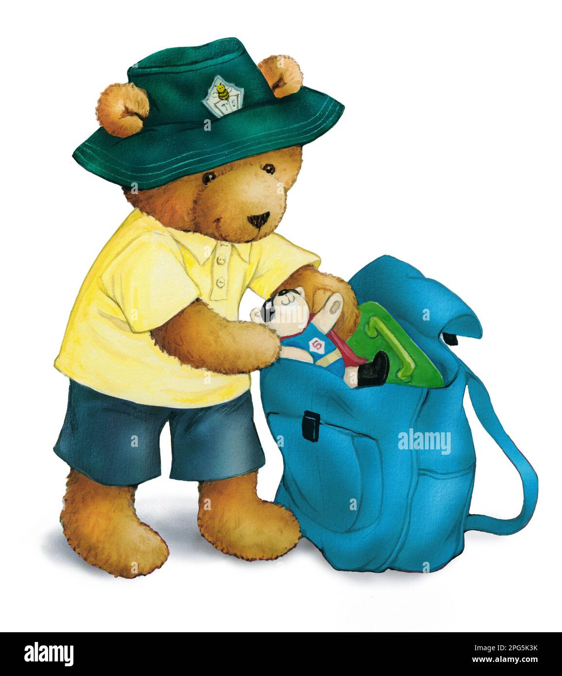 Juvenile-teddy in school uniform packing bag Stock Photo - Alamy