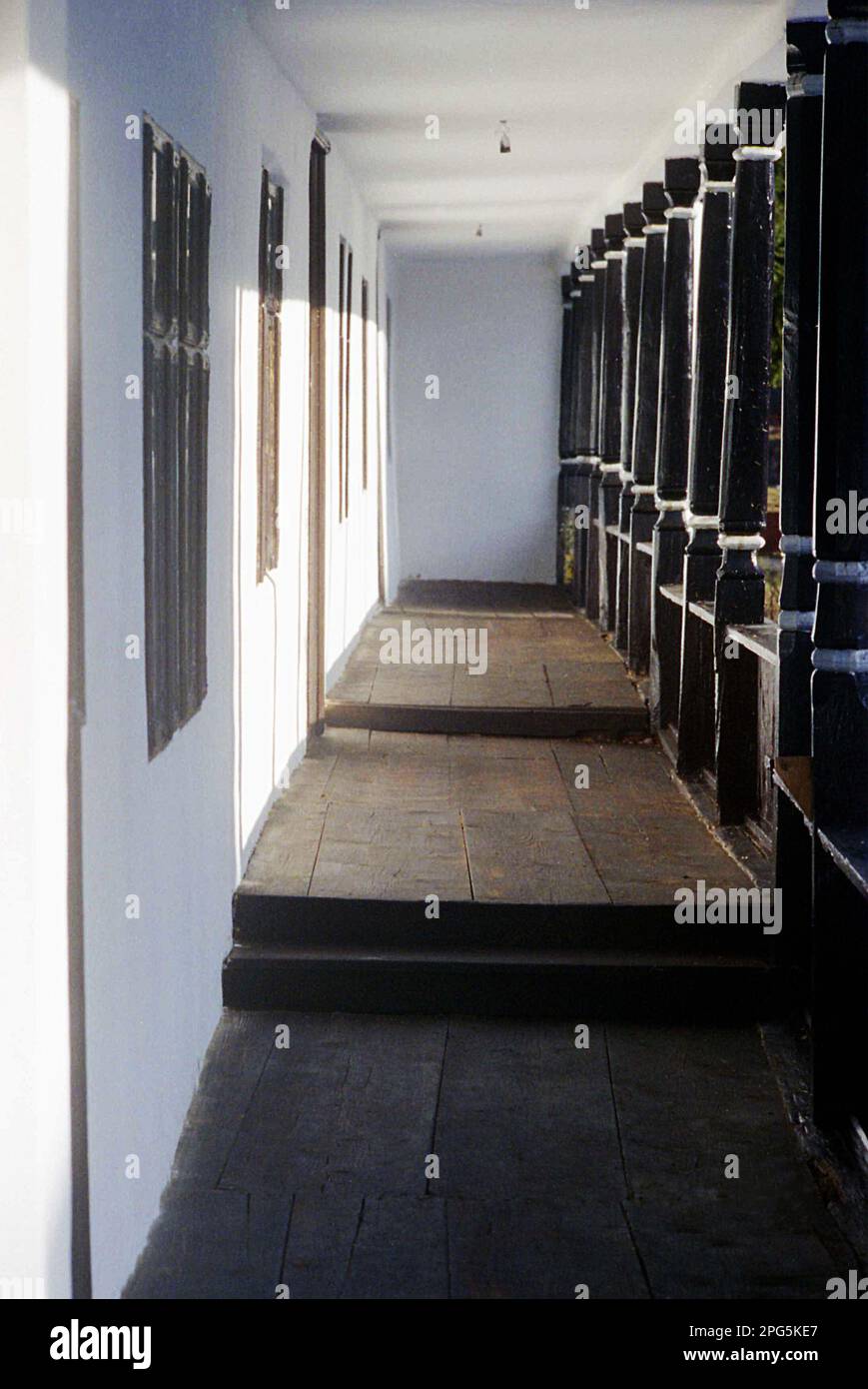 Hallway in front of the monastic cells at Cheia Monastery, Prahova ...