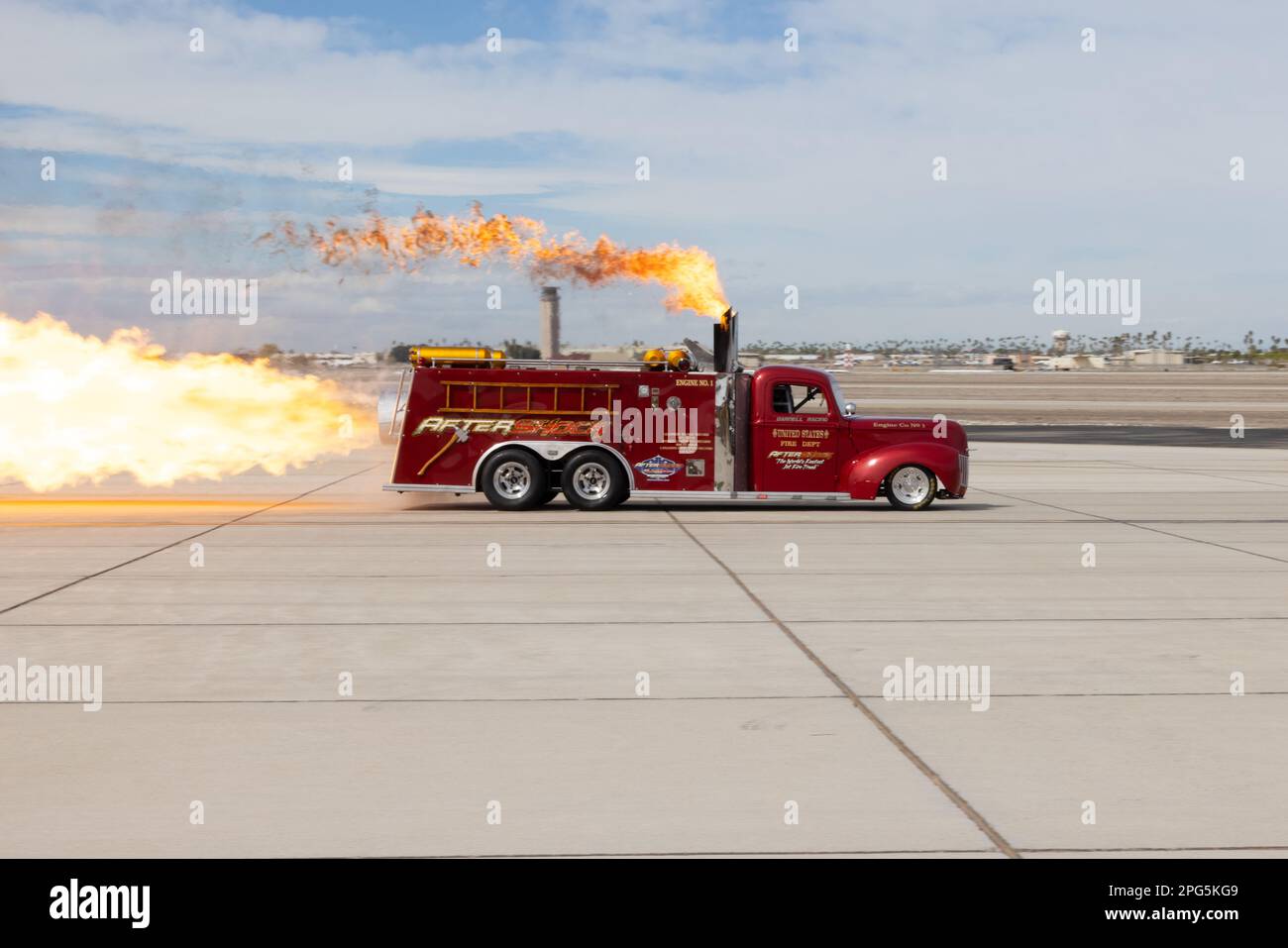Mark Smith performs in the After Shock Jet Fire Truck during the Marine ...