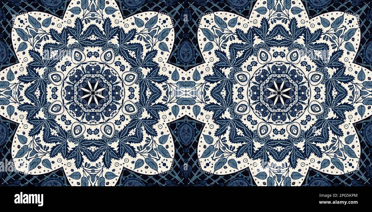 Retro indigo floral bandana 2 tone patterned fabric border background ...