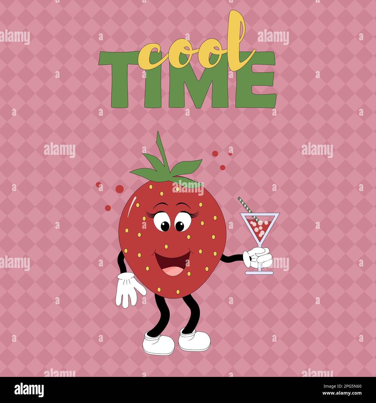 Postcard template - cool time. Cartoon strawberry with a cocktail in ...