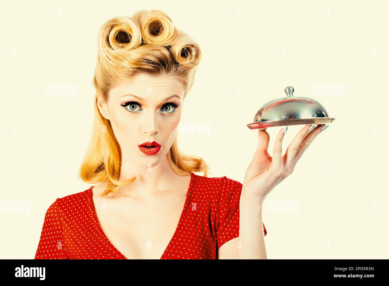Catering waiter. Pinup girl with service tray. Restaurant menu concept ...