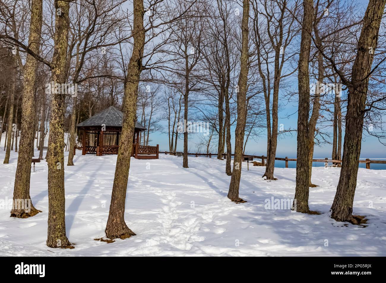Gazebo in Presque Isle Park along Lake Superior in winter, Marquette ...