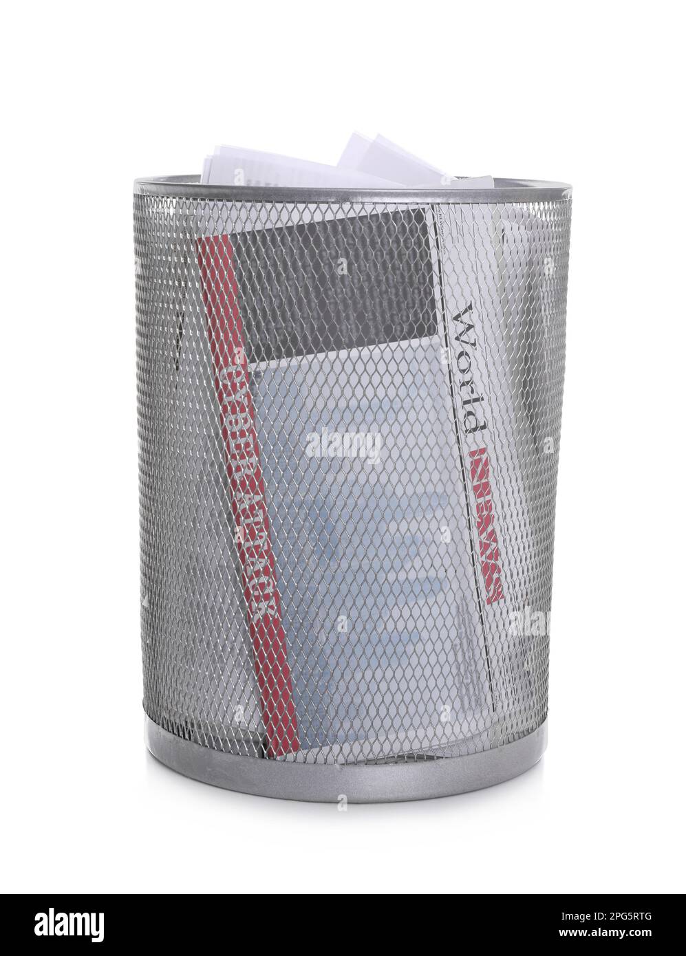 Trash bin full of newspapers on white background. Recycling rubbish ...