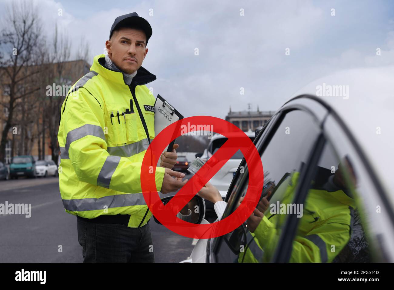 Stop corruption. Illustration of red prohibition sign and woman giving ...