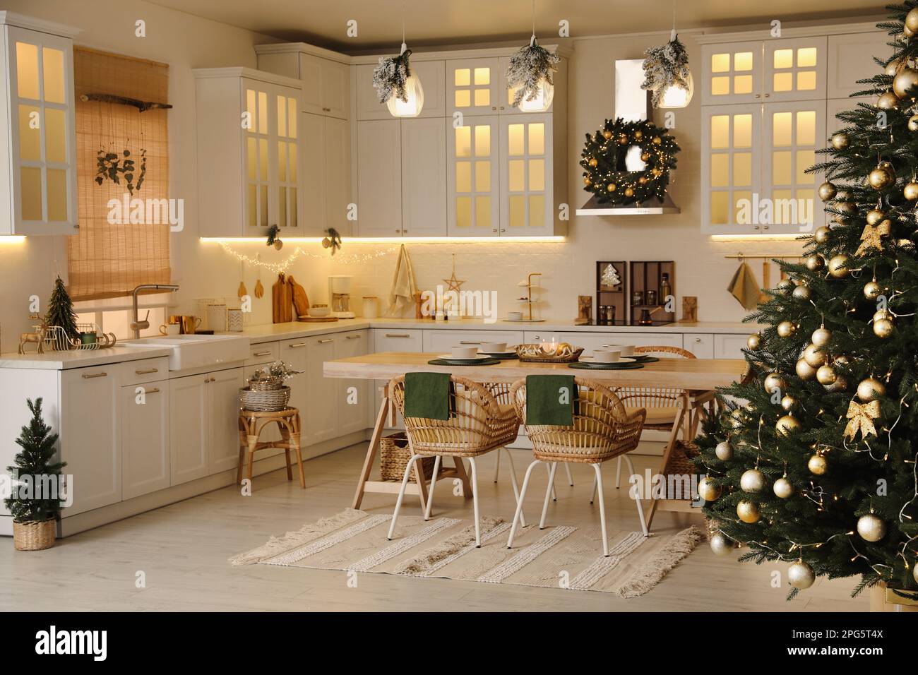 Cozy open plan kitchen decorated for Christmas. Interior design Stock ...