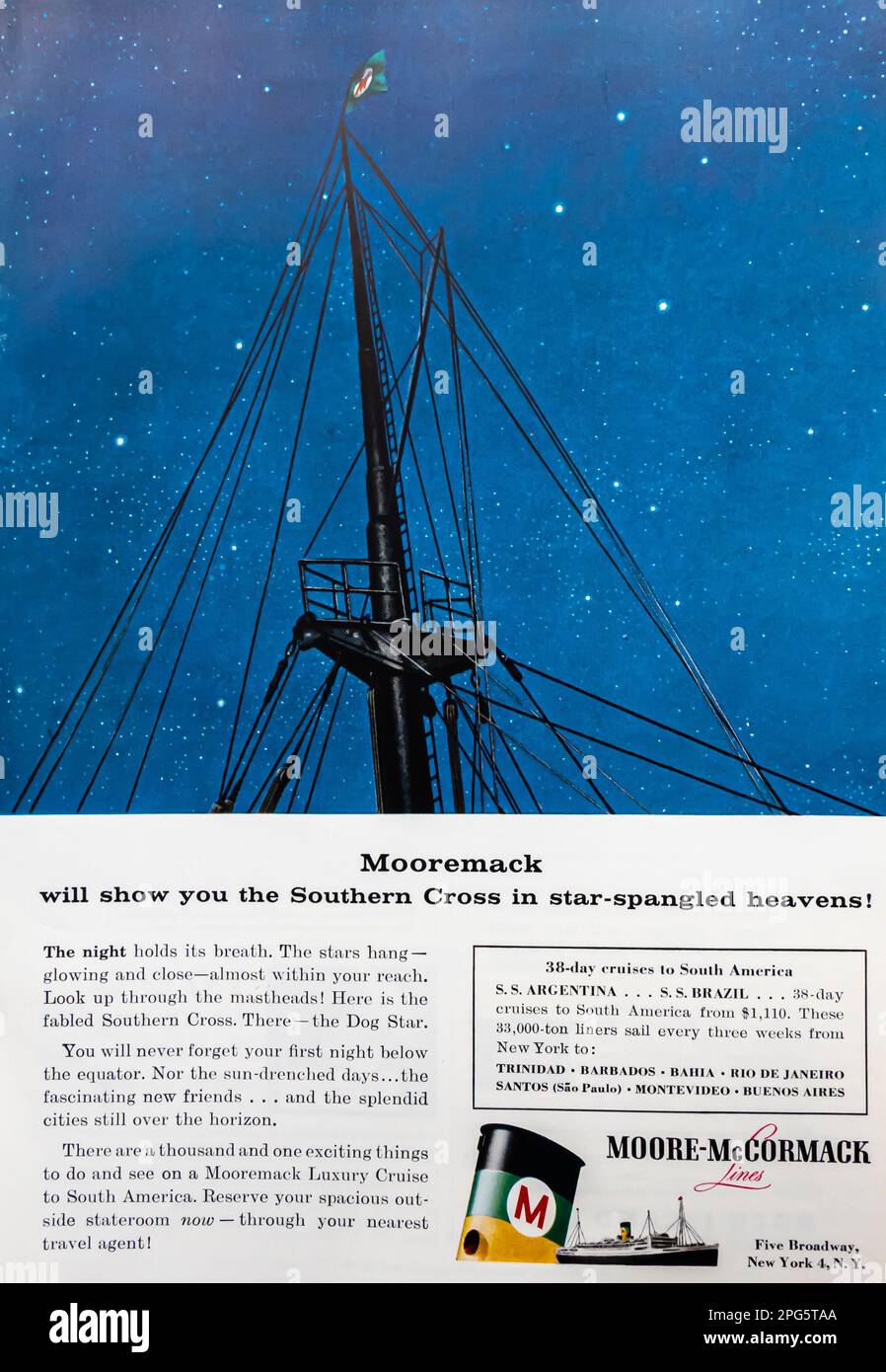 Moore-McCormack Lines cruises advert in a Natgeo magazine, 1956 Stock ...