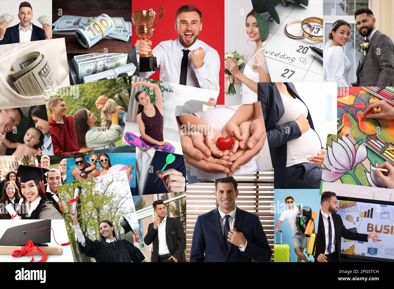 Vision board design. Collage with different photos representing dreams ...