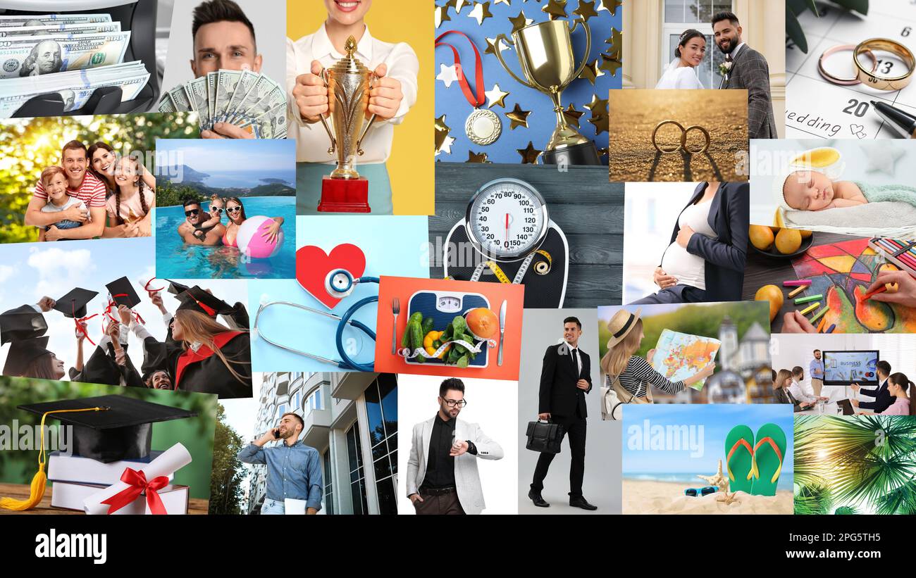 Vision board design. Collage with different photos representing dreams ...