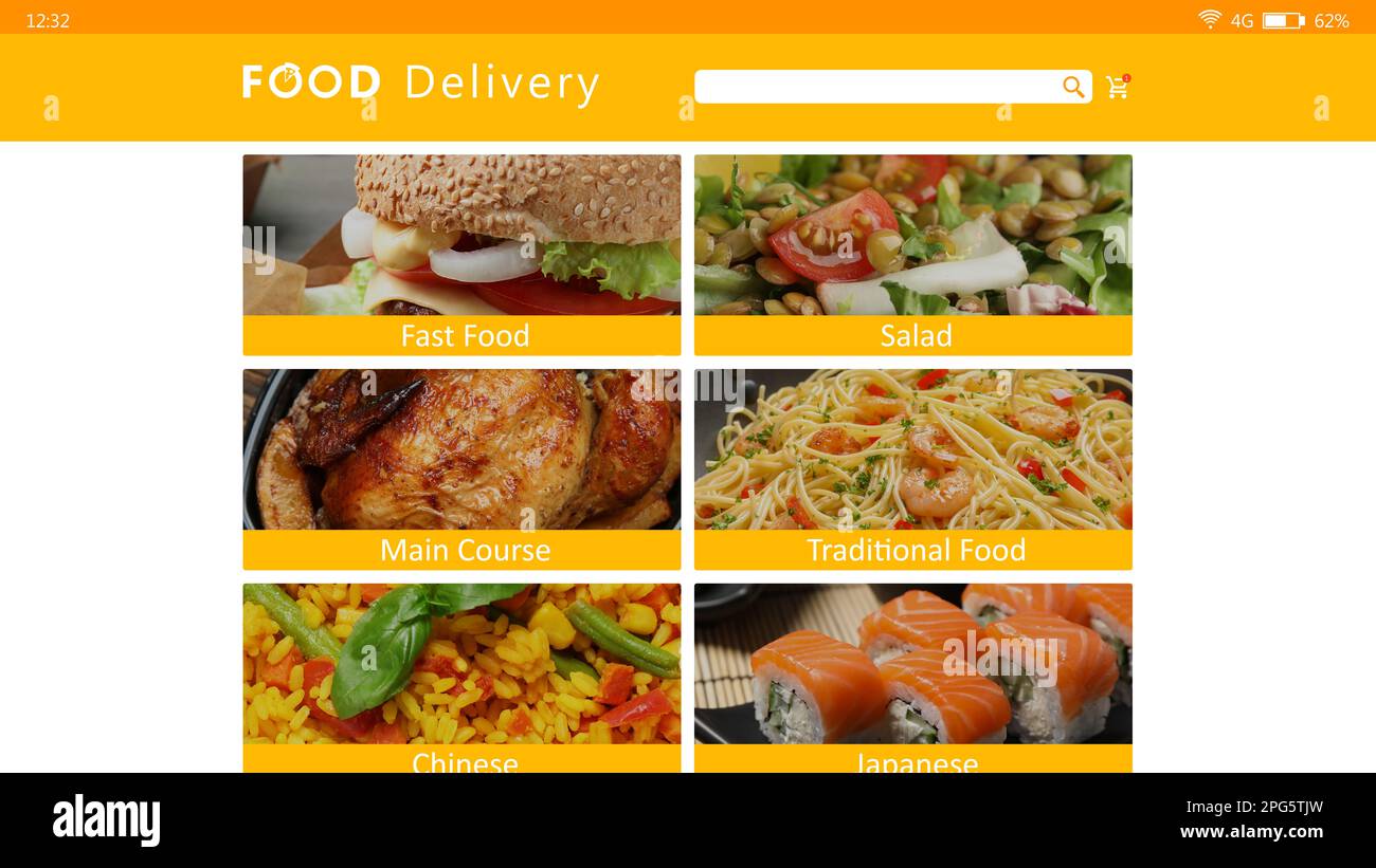 Food delivery app. Display with appetizing menu Stock Photo - Alamy