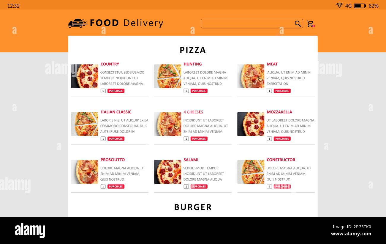 Food delivery app. Display with appetizing menu Stock Photo - Alamy
