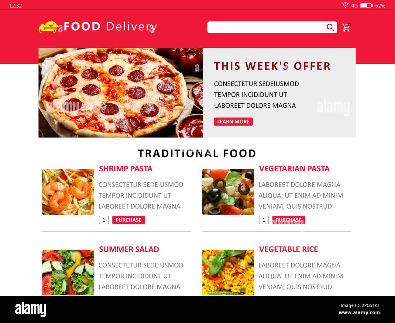 Food delivery app. Display with appetizing menu Stock Photo - Alamy