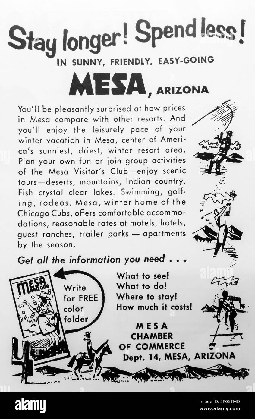 Mesa Arizona travel advert in a Natgeo magazine, December 1956 Stock ...