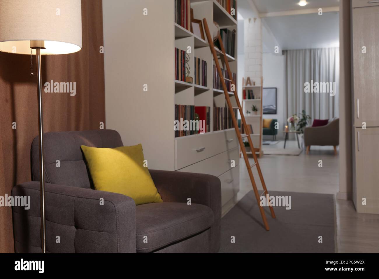 Cozy home library interior with collection of different books on ...