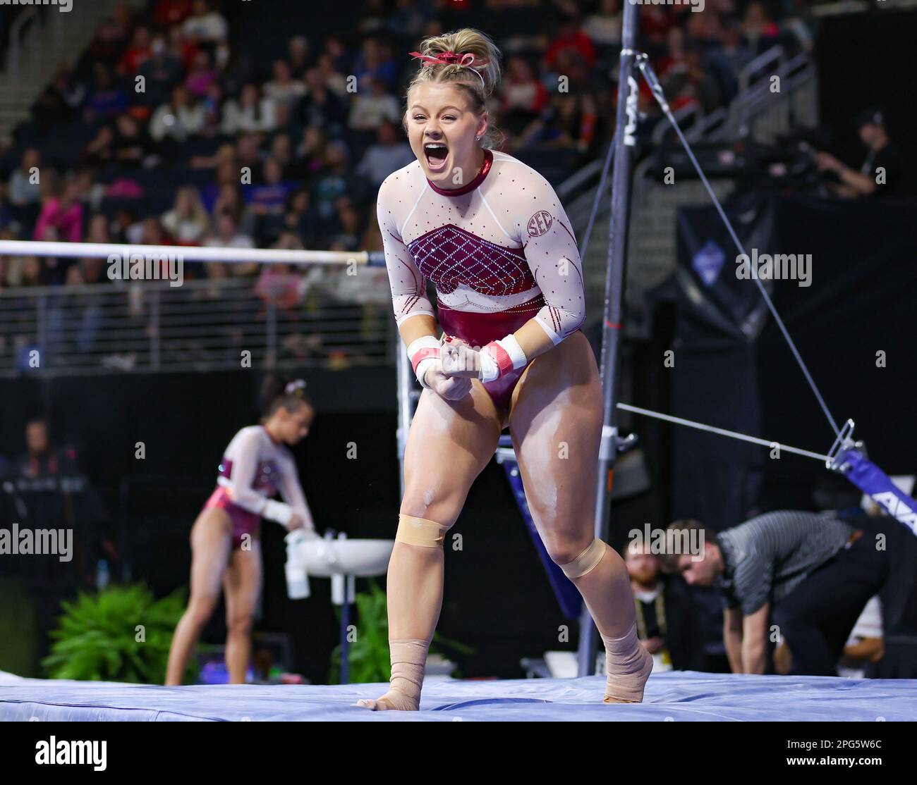 March 18, 2023: Alabama's Mali Waligora celebrates her bar performance ...